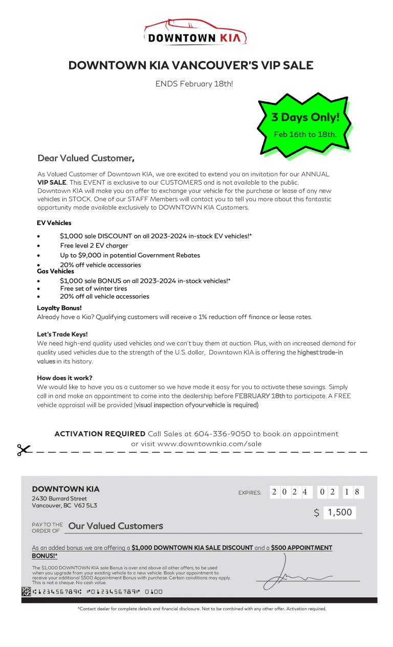 Welcome to our Exclusive VIP Sale February 16-18th - Downtown Kia