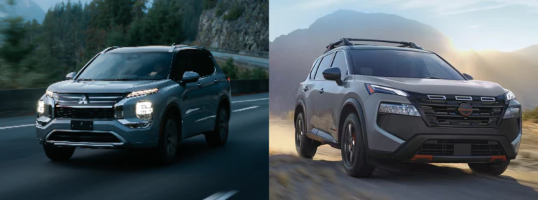 2026 Mitsubishi Outlander PHEV driving down the highway and 2026 Nissan ...